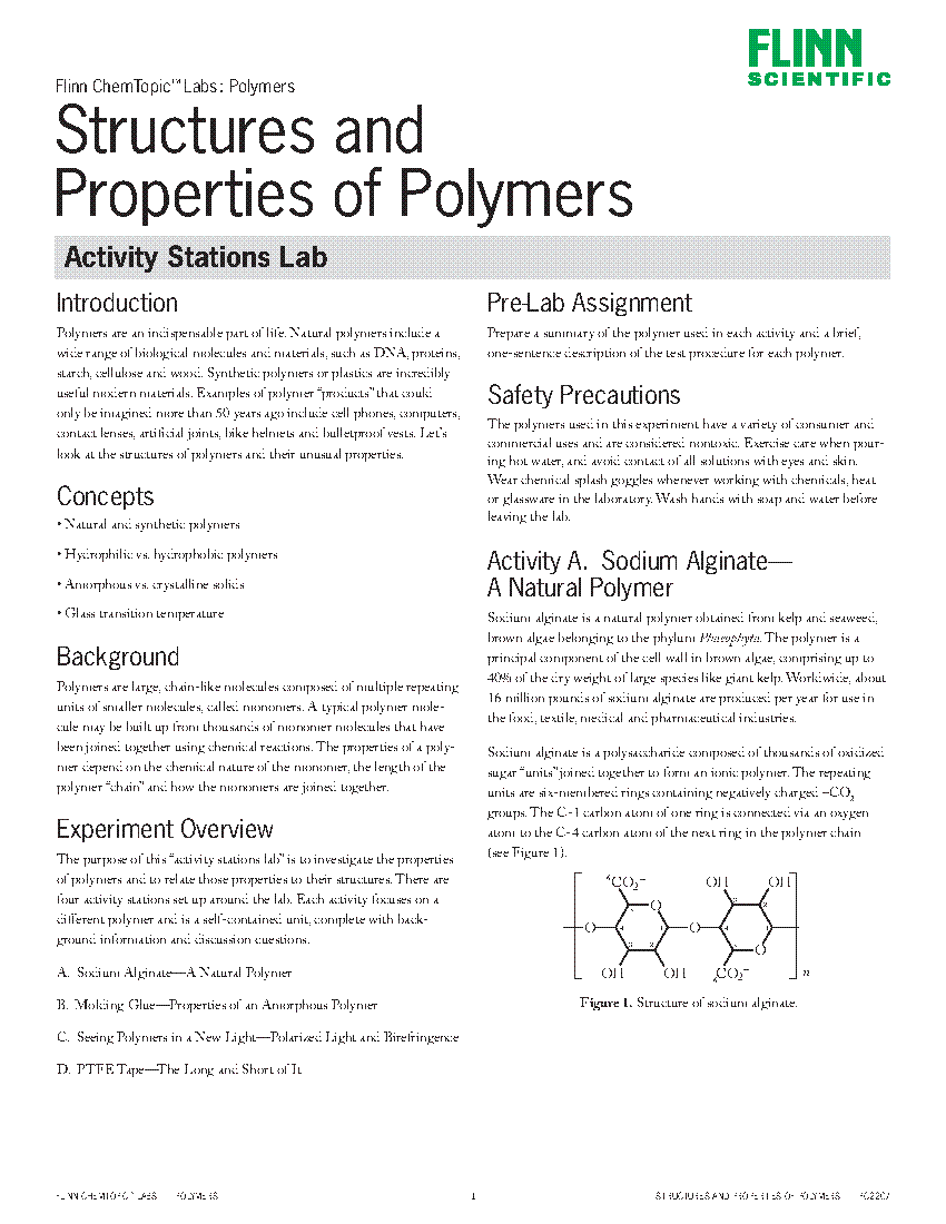 Structures and Properties of Polymers: Activity Stations Lab—ChemTopic ...