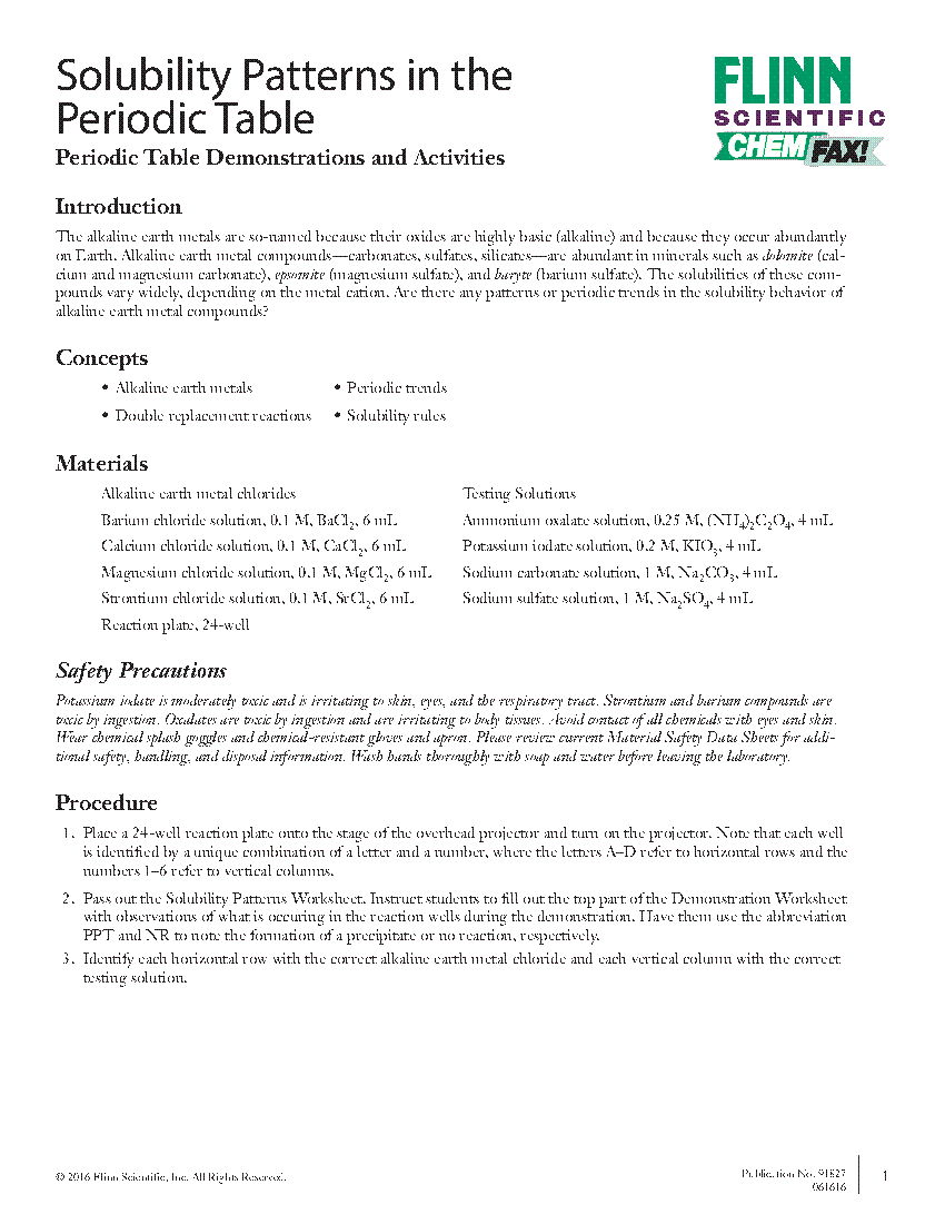 Solubility Patterns Flinn Scientific