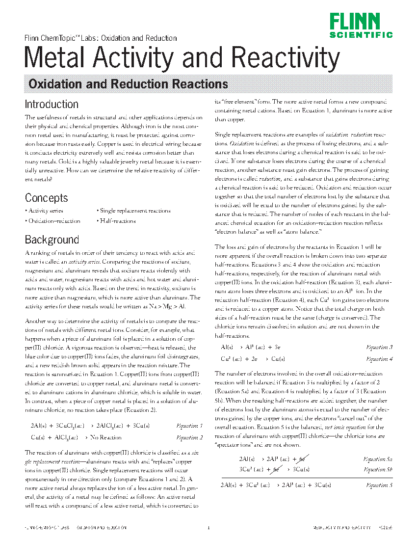 Metal Activity and Reactivity: Oxidation and Reduction Reactions ...