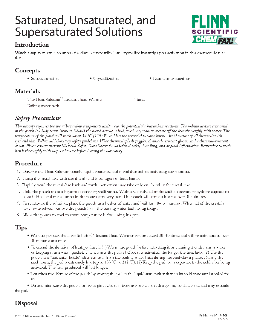 Saturated, Unsaturated, and Supersaturated Solutions | Flinn Scientific