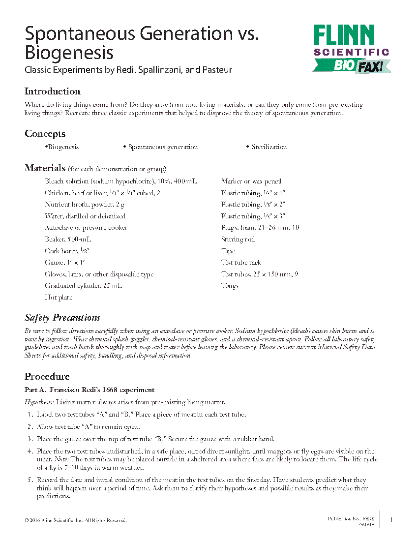 Spontaneous Generation vs. Biogenesis | Flinn Scientific