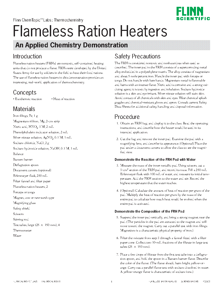 Flameless Ration Heaters: An Applied Chemistry Demonstration—ChemTopic ...