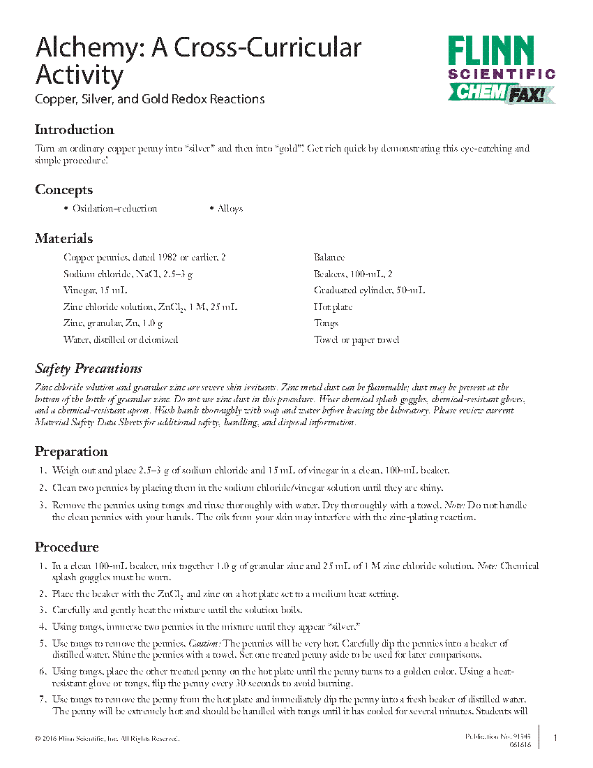 Alchemy: A Cross-Curricular Activity - Copper, Silver and Gold Redox ...