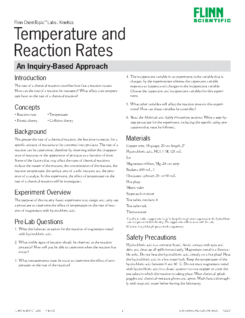 Temperature and Reaction Rates: An Inquiry-Based Approach—ChemTopic ...