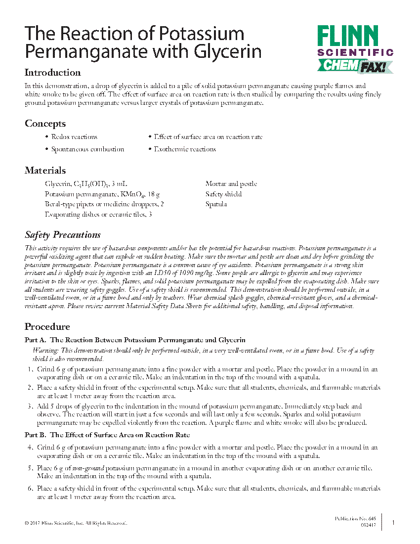 The Reaction of Potassium Permanganate with Glycerin | Flinn Scientific