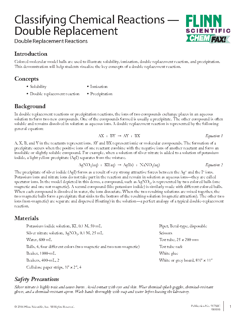 Worksheet On Single And Double Replacement Reactions Chemical Reaction