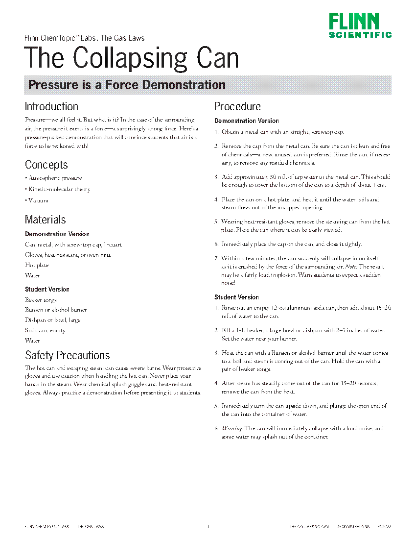 The Collapsing Can: Pressure is a Force Demonstration—ChemTopic™ Lab ...