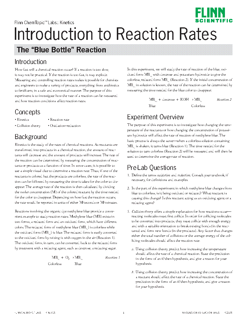 Introduction to Reaction Rates: The “Blue Bottle” Reaction—ChemTopic ...