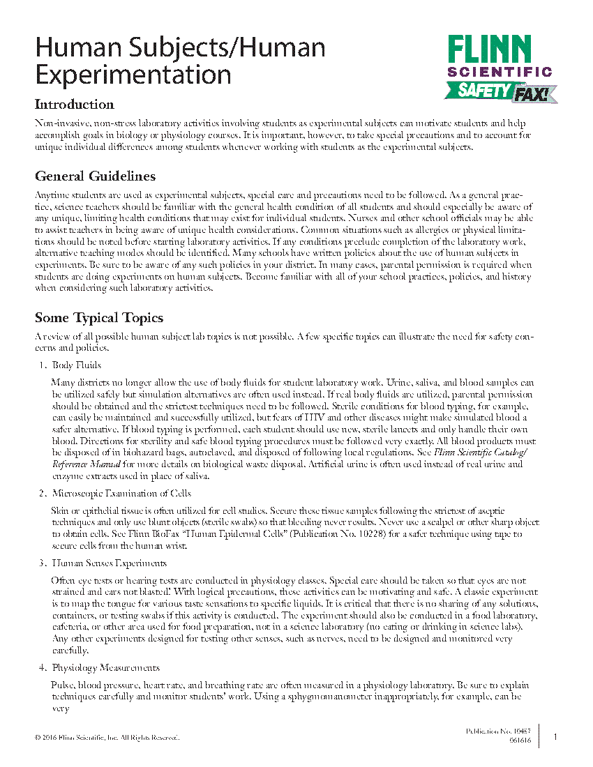 Human Subjects/Human Experimentation | Flinn Scientific