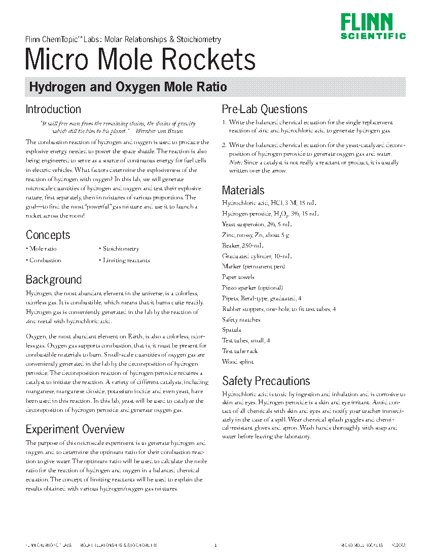Micro Mole Rockets: Hydrogen and Oxygen Mole Ratio—ChemTopic™ Lab ...