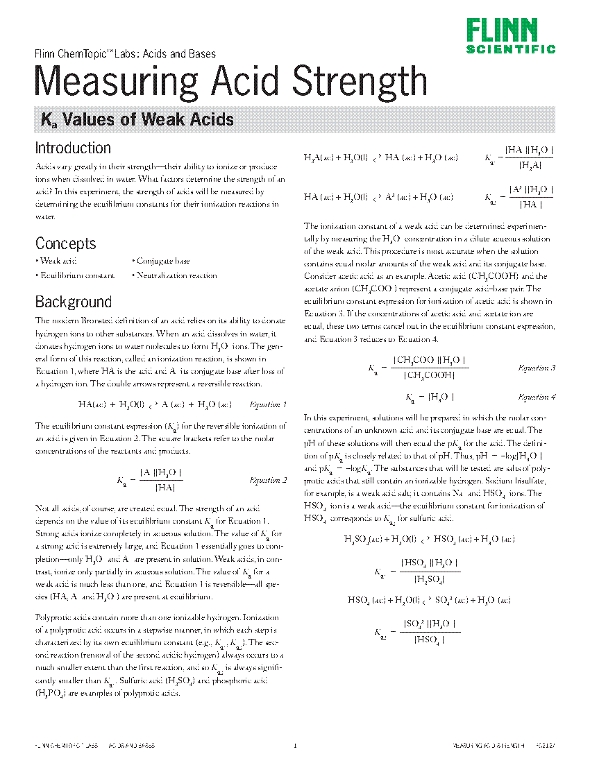 Measuring Acid Strength: Ka Values of Weak Acids—ChemTopic™ Lab ...