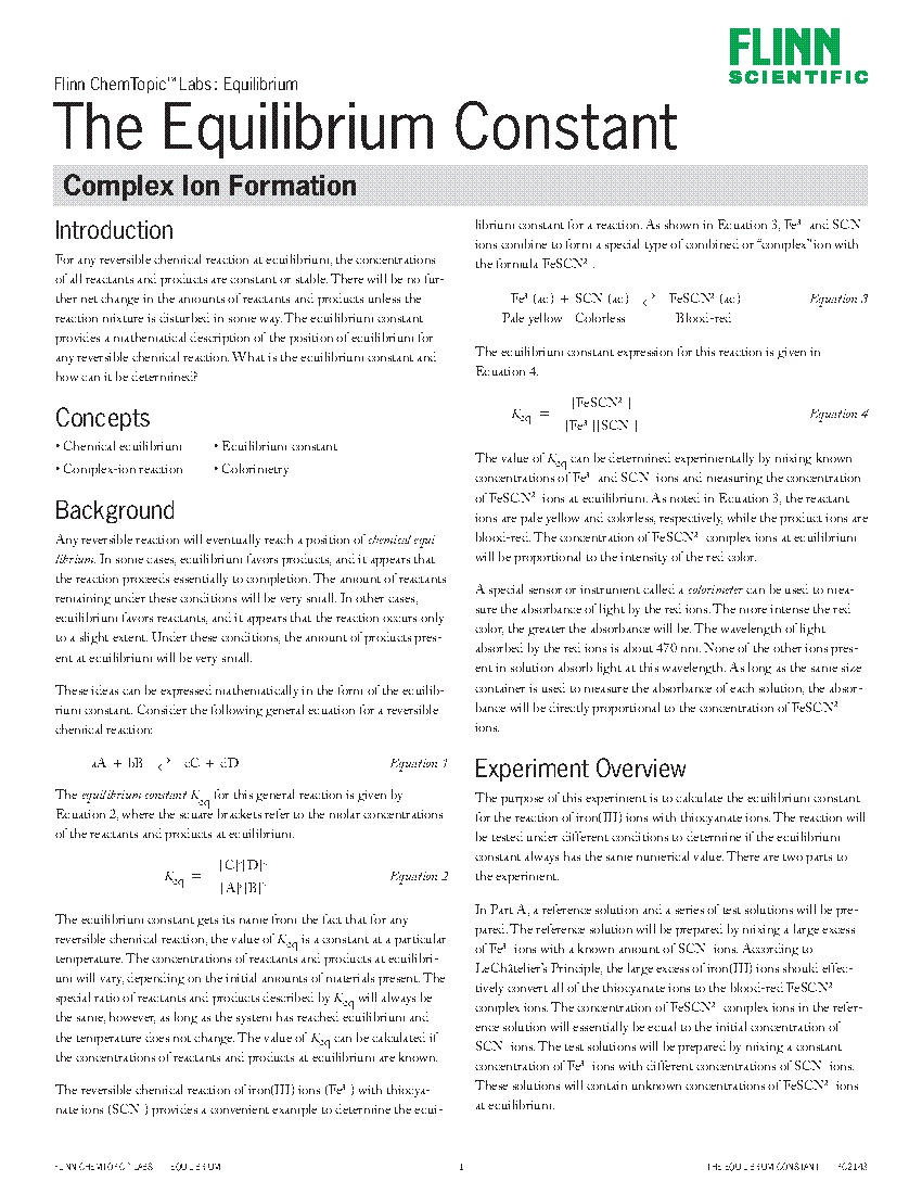 The Equilibrium Constant: Complex Ion Formation—ChemTopic™ Lab Activity ...