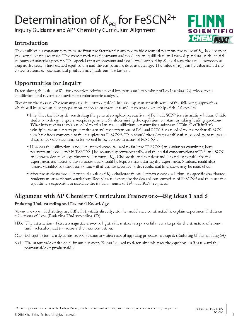 Determine Keq for FeSCN2+ Inquiry Guidance and AP* Chemistry Curriculum ...