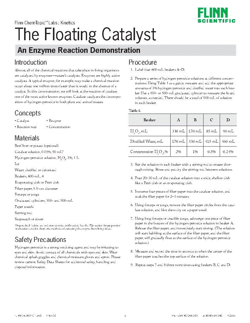 The Floating Catalyst: An Enzyme Reaction Demonstration—ChemTopic™ Lab ...