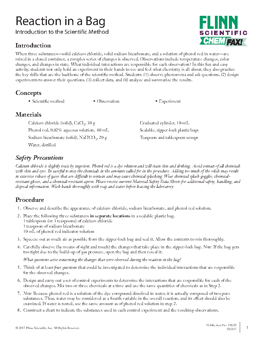 Reaction in a Bag - Introduction to the Scientific Method | Flinn ...