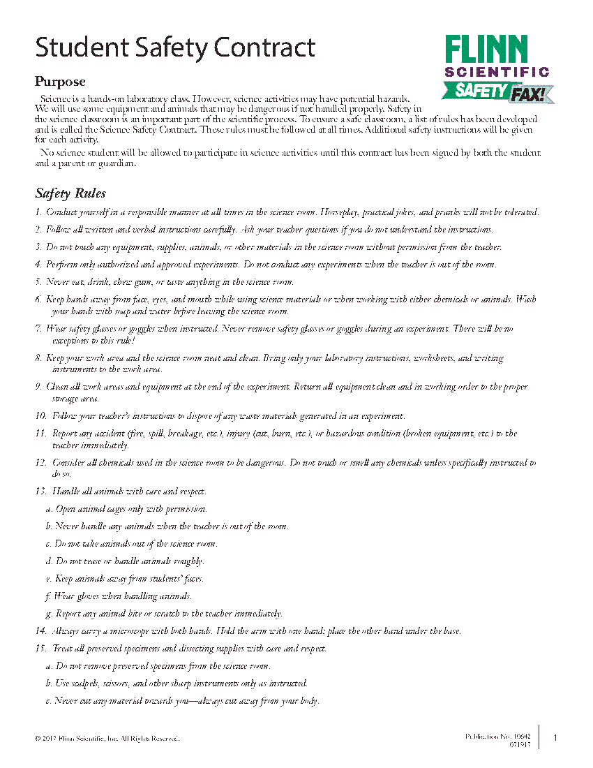 Middle School Science Safety Contract—English | Flinn Scientific