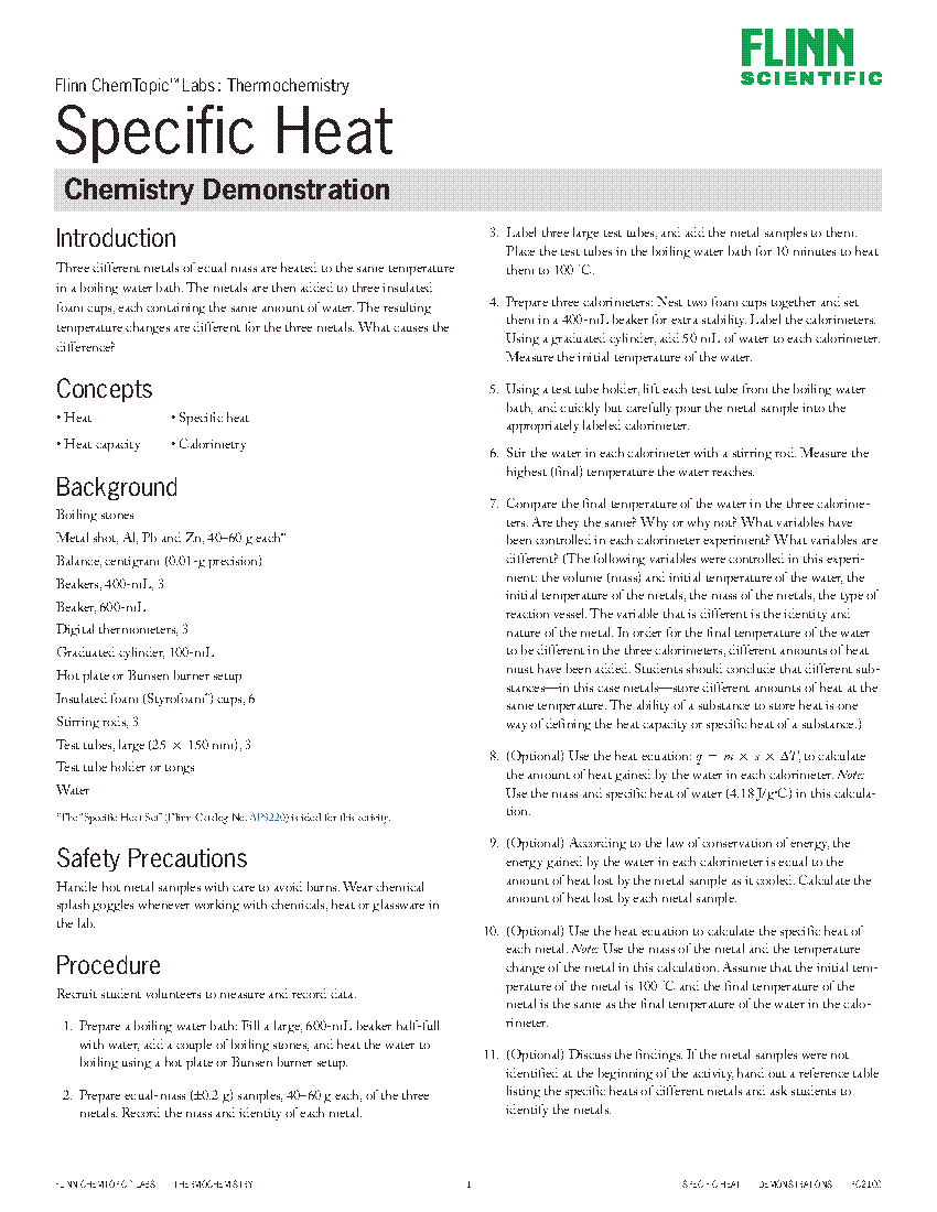 Specific Heat: Chemistry Demonstration—ChemTopic™ Lab Activity | Flinn ...