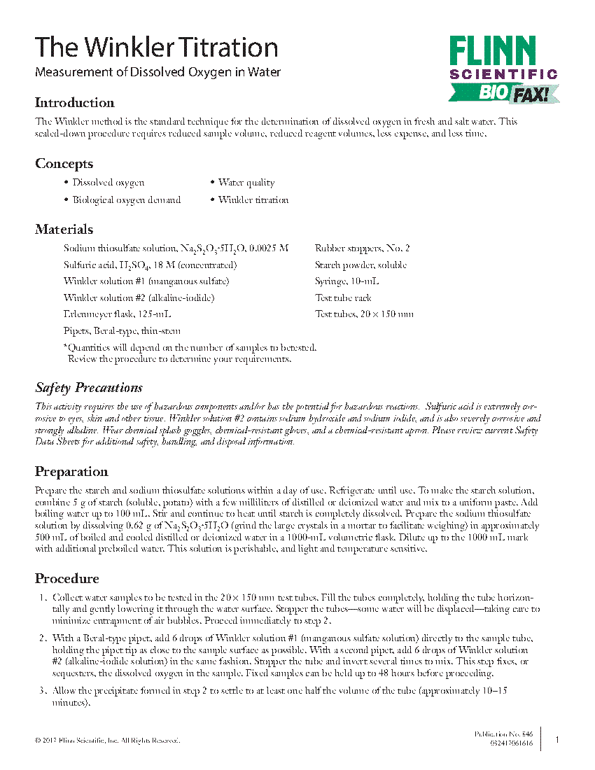 Winkler Titration | Flinn Scientific