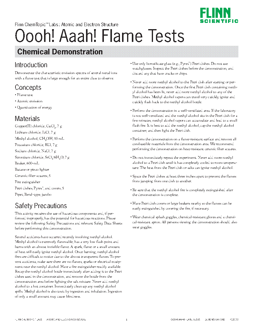 Oooh! Aaah! Flame Tests: Chemical Demonstration—ChemTopic™ Lab Activity ...